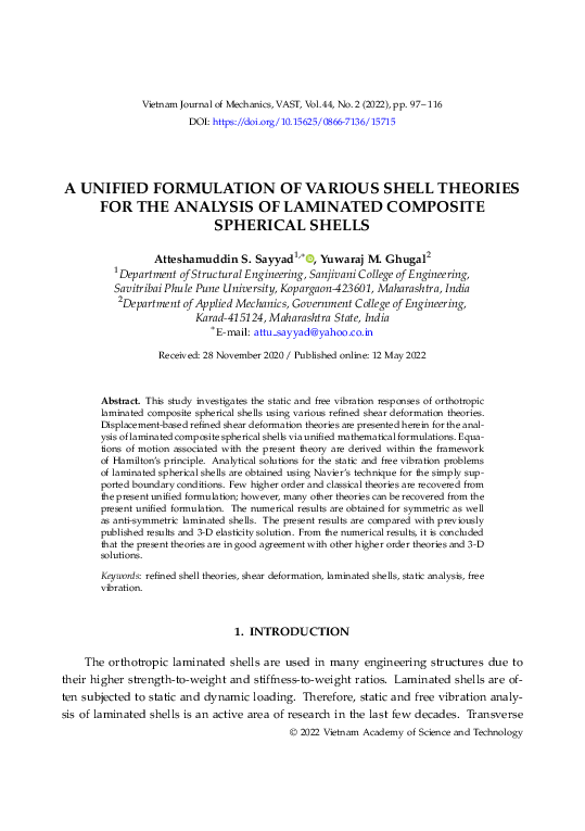 (PDF) A unified formulation of various shell theories for the analysis of laminated composite ...