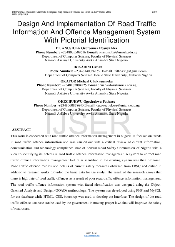 (PDF) Design and Implementation of Road Traffic Information and Offence Management System with ...