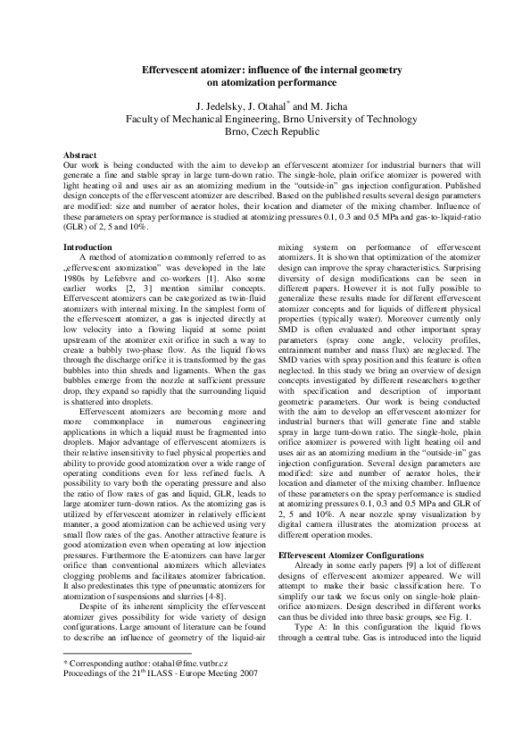 (PDF) Effervescent atomizer: influence of the internal ge ometry on atomization performance