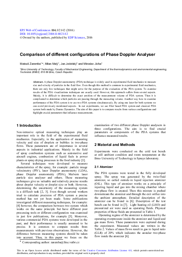 (PDF) Comparison of different configurations of Phase Doppler Analyser