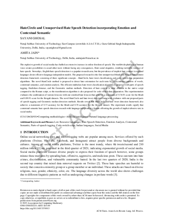 Pdf Hatecircle And Unsupervised Hate Speech Detection Incorporating