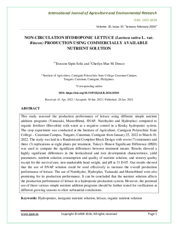 (PDF) NON-CIRCULATION HYDROPONIC LETTUCE (Lactuca sativa L. var. Rincon) PRODUCTION USING ...