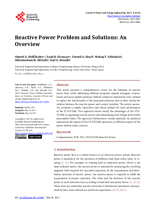 (PDF) Reactive Power Problem and Solutions: An Overview