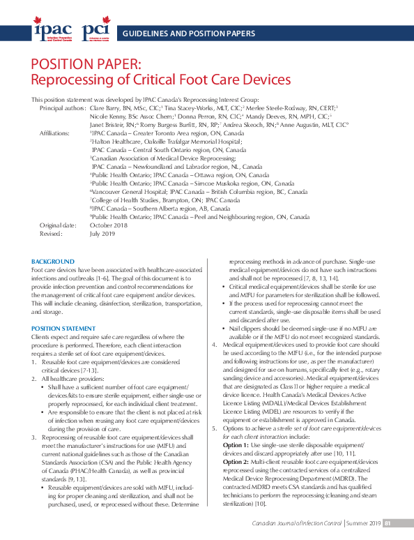 (PDF) POSITION PAPER: Reprocessing of Critical Foot Care Devices