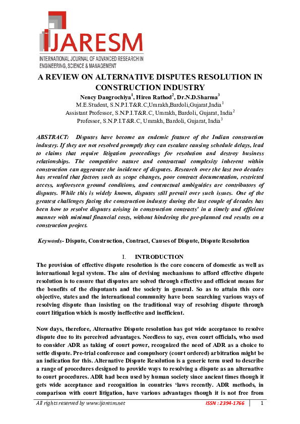(PDF) A Review on Alternative Disputes Resolution in Construction Industry