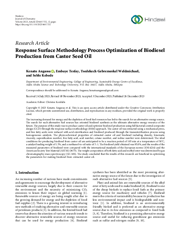 (PDF) Response Surface Methodology Process Optimization of Biodiesel Production from Castor Seed Oil