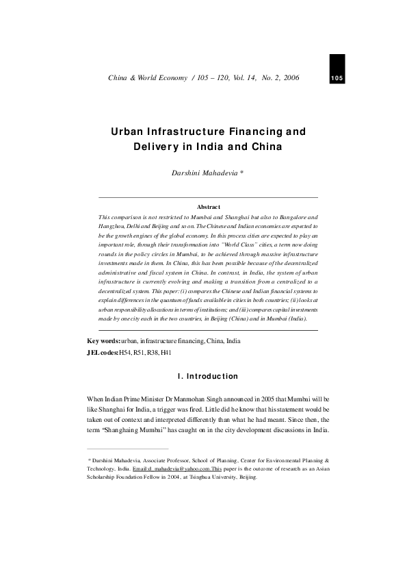 (PDF) Urban Infrastructure Financing and Delivery in India and China