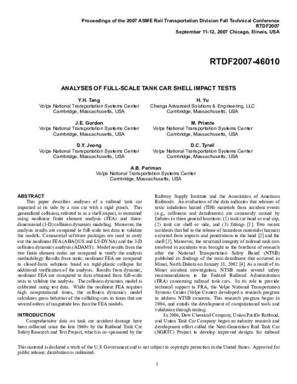 (PDF) Analyses of Full-Scale Tank Car Shell Impact Tests