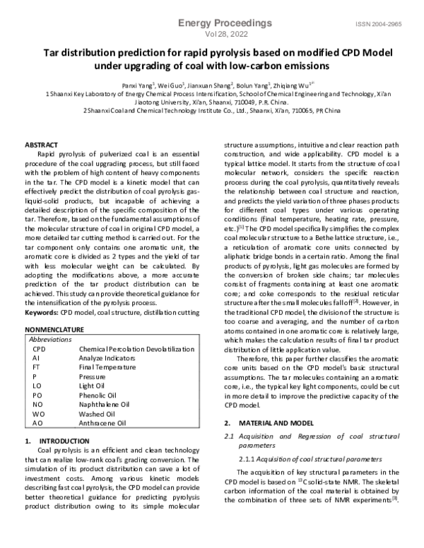 (PDF) Tar distribution prediction for rapid pyrolysis based on modified CPD Model under ...