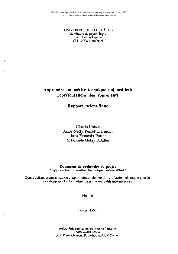 (PDF) Apprendre un métier technique aujourd’hui : représentations des ...