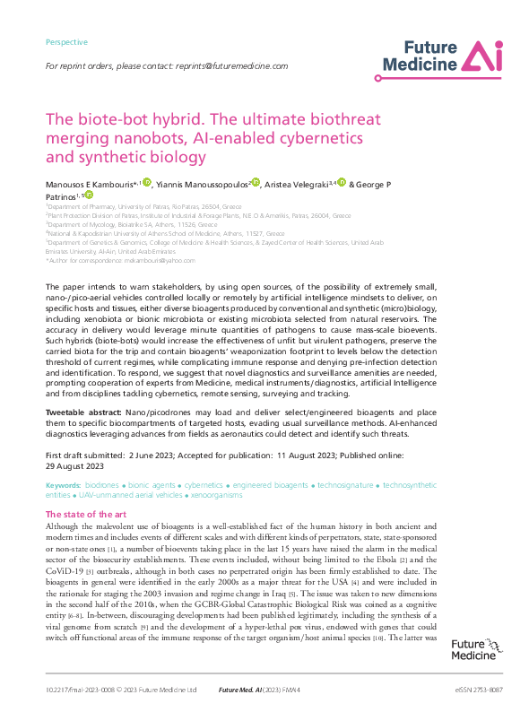 (PDF) The biote-bot hybrid. The ultimate biothreat merging nanobots, AI ...