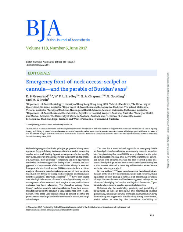 (PDF) Emergency front-of-neck access: scalpel or cannula'and the ...
