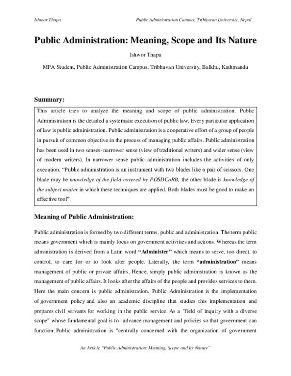 (PDF) Public Administration: Meaning, Scope and Its Nature
