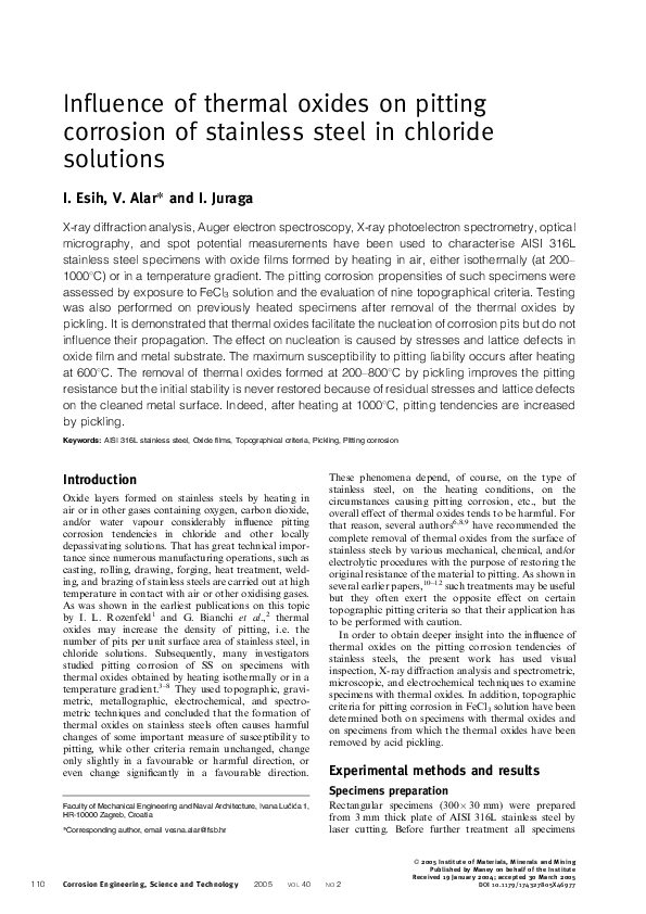 (PDF) Influence of thermal oxides on pitting corrosion of stainless steel in chloride solutions