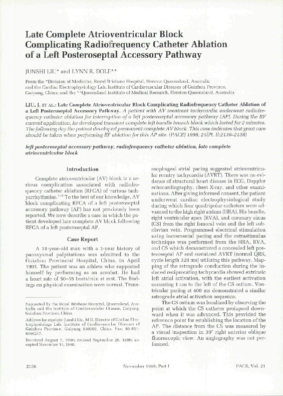 (PDF) Late Complete Atrioventricular Block Complicating Radiofrequency ...