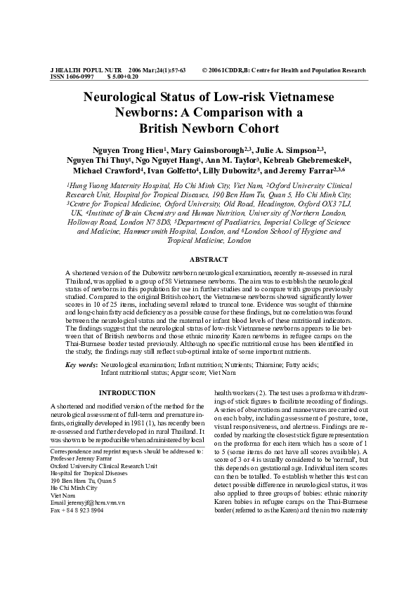 (PDF) Neurological status of low-risk Vietnamese newborns: a comparison ...