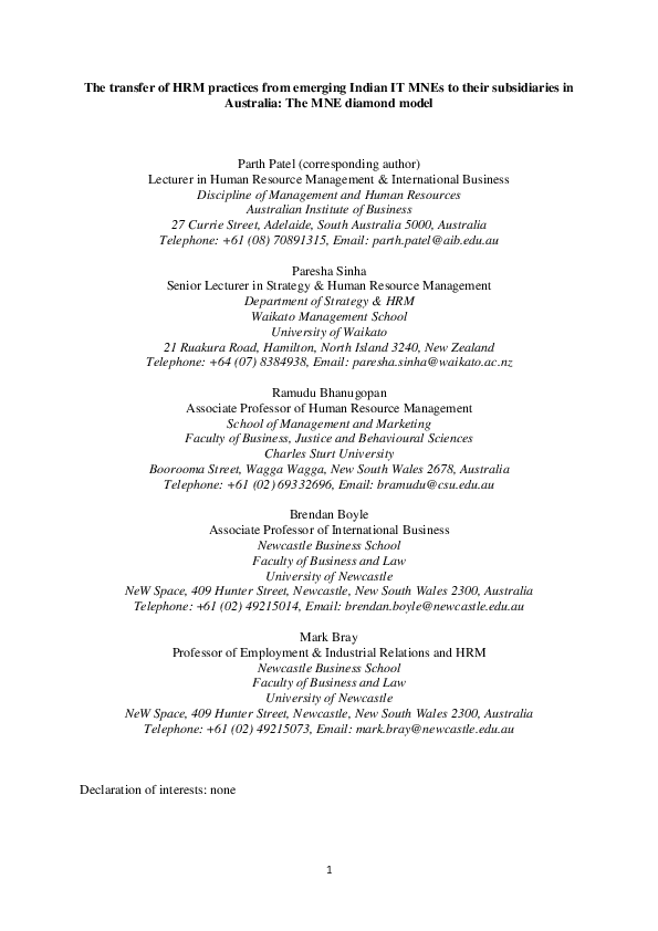 (PDF) The transfer of HRM practices from emerging Indian IT MNEs to ...