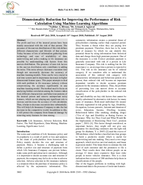 (PDF) Dimensionality Reduction for Improving the Performance of Risk Calculation Using Machine ...