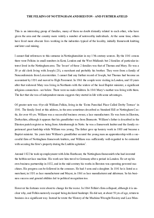 (DOC) THE FELKINS OF NOTTINGHAM AND BEESTON -AND FURTHER AFIELD