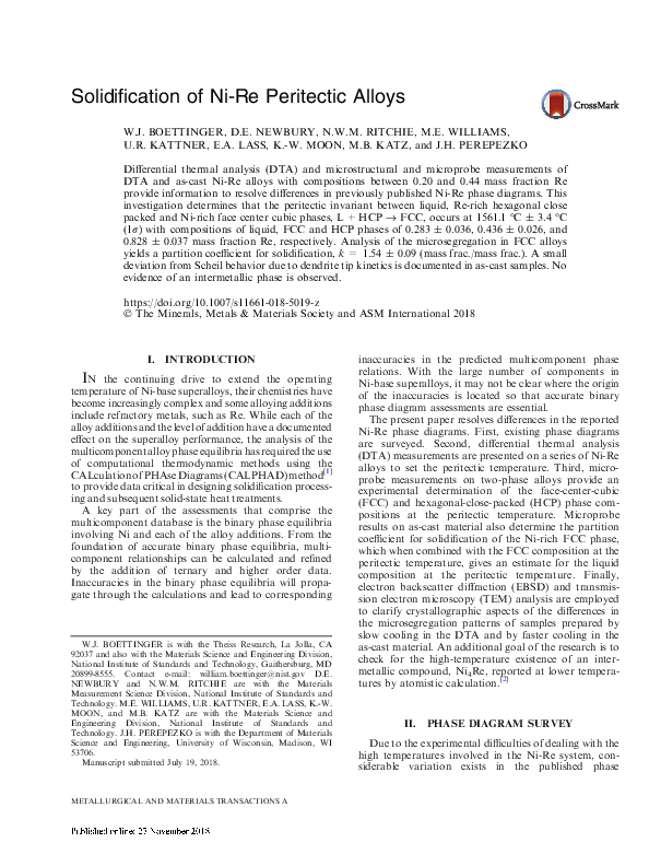 (PDF) Solidification of Ni-Re Peritectic Alloys