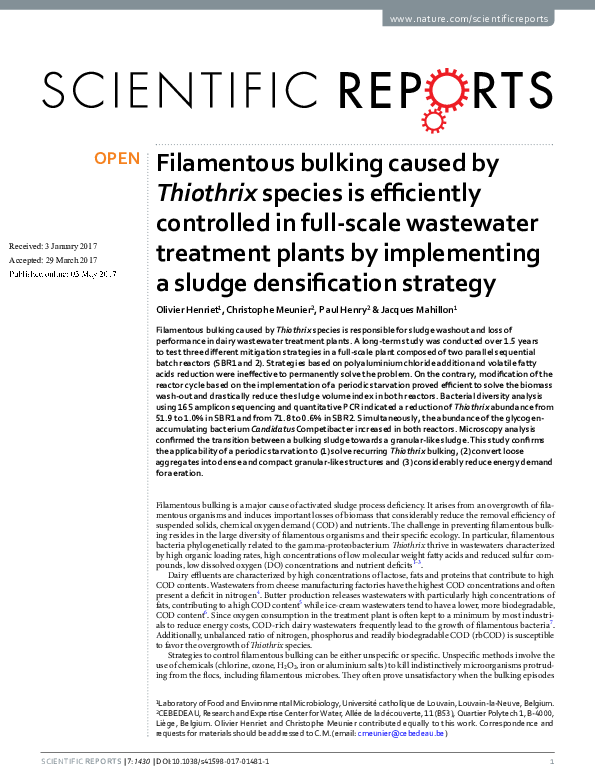 (PDF) Filamentous bulking caused by Thiothrix species is efficiently ...