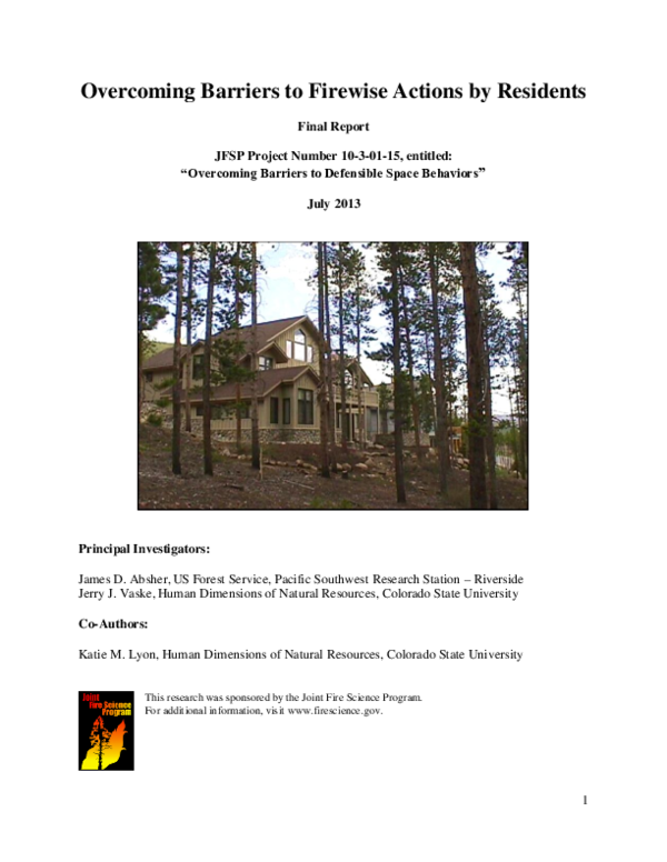 (PDF) Overcoming Barriers to Firewise Actions by Residents. Final Report to Joint Fire Science ...