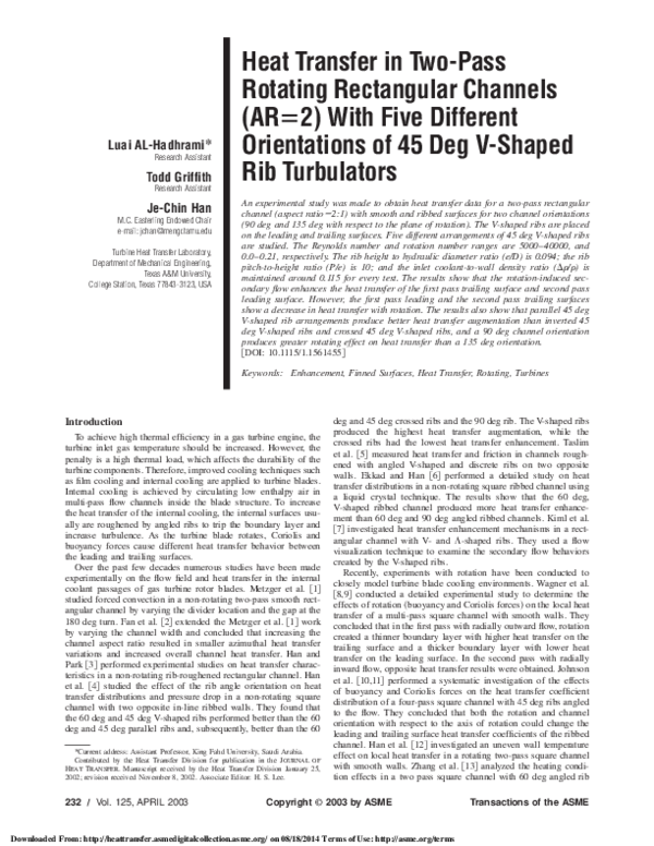 Heat Transfer in Two-Pass Rotating Rectangular Channels (AR=2) With ...
