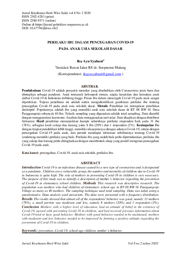 (PDF) Perilaku Ibu Dalam Pencegahan COVID-19 Pada Anak Usia Sekolah Dasar | 18.1.192 Ika Ayu ...