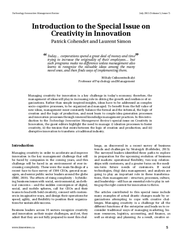 (PDF) Introduction to the Special Issue on Creativity in Innovation