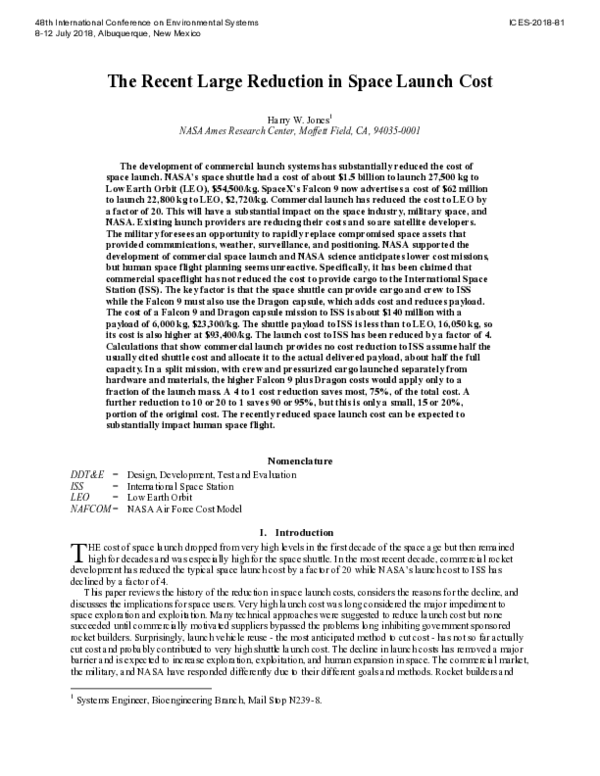(PDF) The Recent Large Reduction in Space Launch Cost
