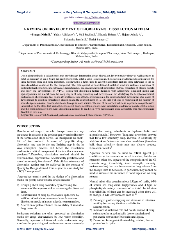 (PDF) A Review on Development of Biorelevant Dissolution Medium | Sachin S Mali - Academia.edu