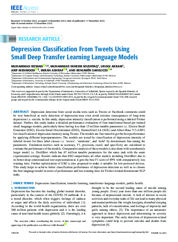 (PDF) Depression Classification From Tweets Using Small Deep Transfer Learning Language Models ...