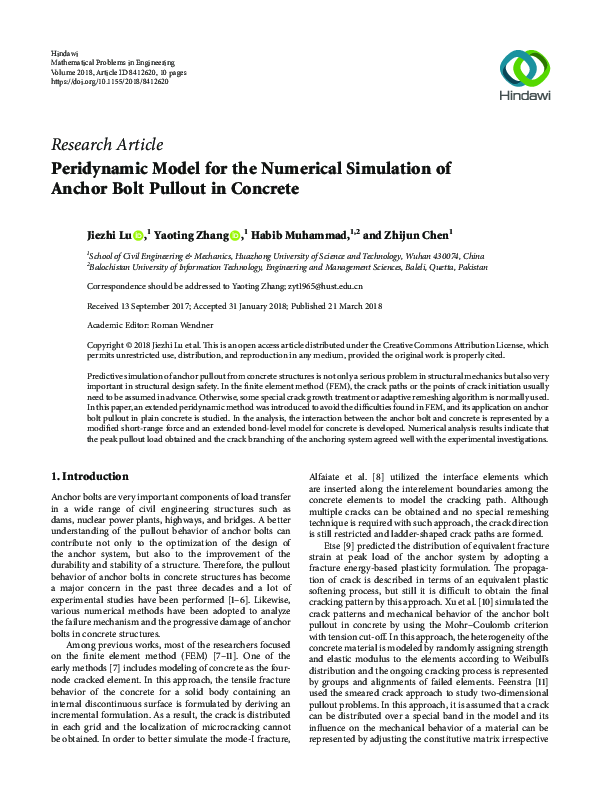 (PDF) Peridynamic Model for the Numerical Simulation of Anchor Bolt Pullout in Concrete