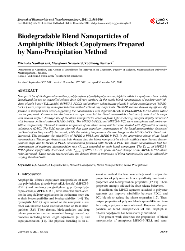 (PDF) Biodegradable Blend Nanoparticles of Amphiphilic Diblock ...