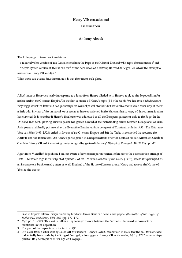 (PDF) Henry VII: crusades and assassination