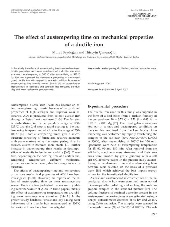 (PDF) The effect of austempering time on mechanical properties of a ductile iron