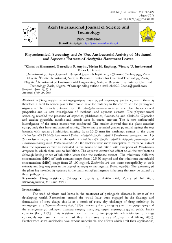 (PDF) Phytochemical Screening and In Vitro Antibacterial Activity of Methanol and Aqueous ...