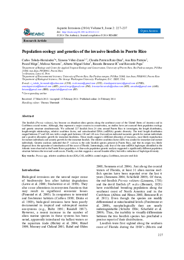 (PDF) Population ecology and genetics of the invasive lionfish in ...