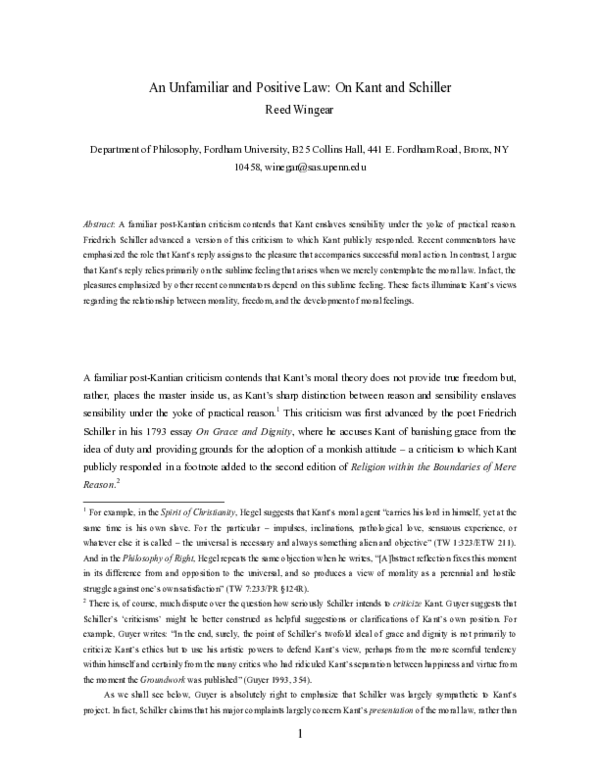 (PDF) An Unfamiliar and Positive Law: On Kant and Schiller