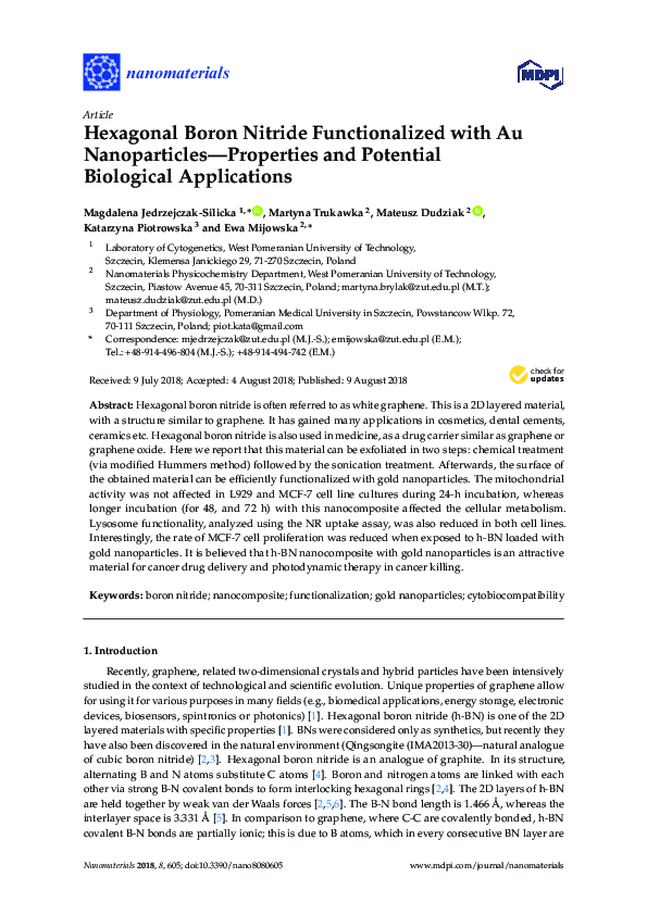 (PDF) Hexagonal Boron Nitride Functionalized with Au Nanoparticles—Properties and Potential ...