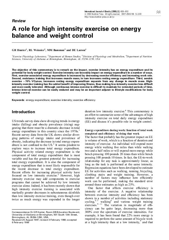 (PDF) A role for high intensity exercise on energy balance and weight ...