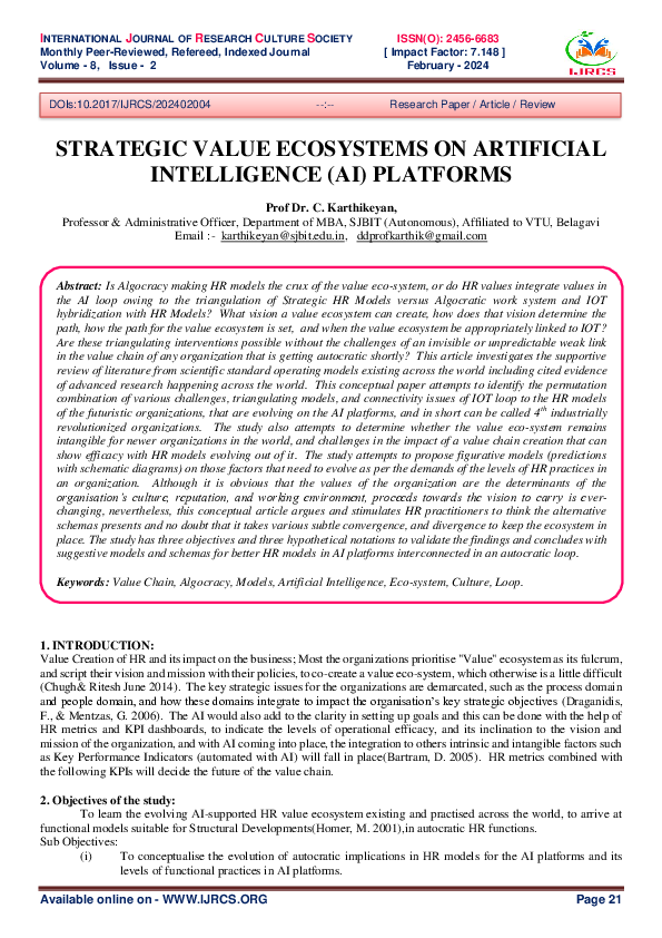 (PDF) STRATEGIC VALUE ECOSYSTEMS ON ARTIFICIAL INTELLIGENCE (AI) PLATFORMS