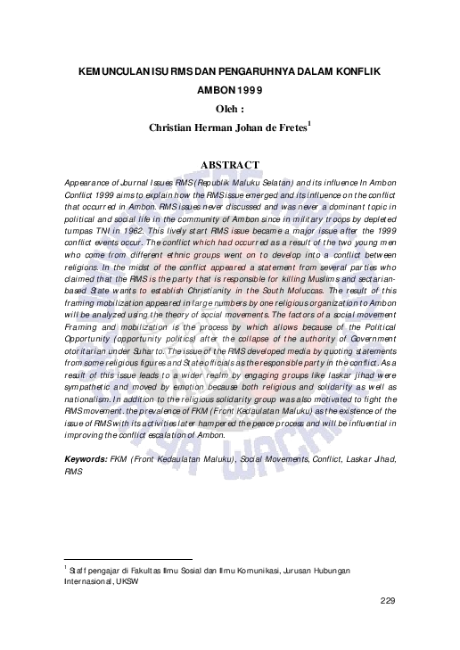 (PDF) Kemunculan Isu RMS dan Pengaruhnya Dalam Konflik Ambon 1999