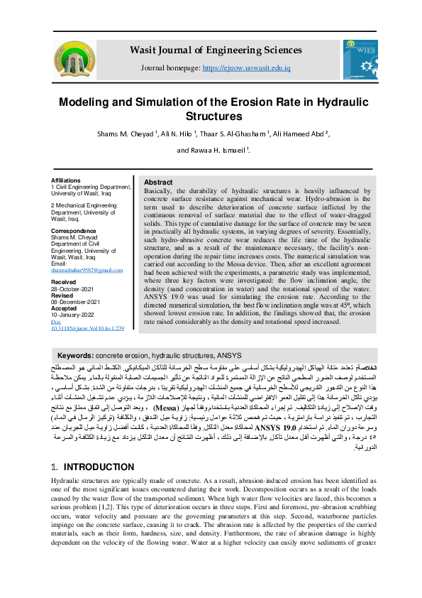 (PDF) Modeling and Simulation of the Erosion Rate in Hydraulic Structures