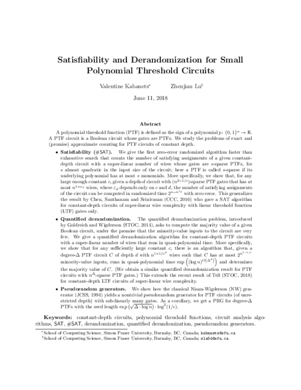 (PDF) Satisfiability and Derandomization for Small Polynomial Threshold Circuits