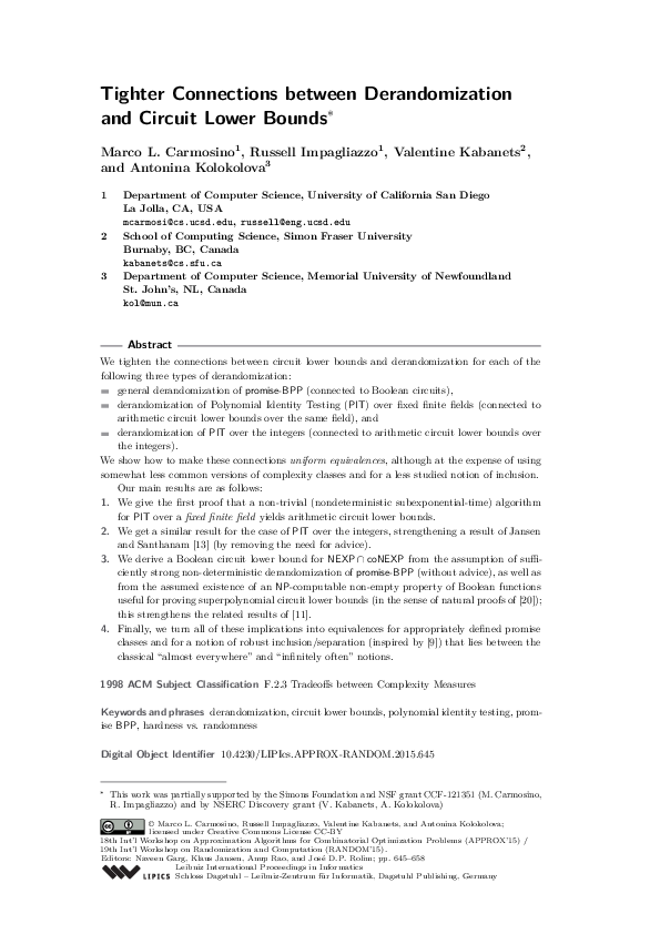 (PDF) Tighter Connections between Derandomization and Circuit Lower Bounds
