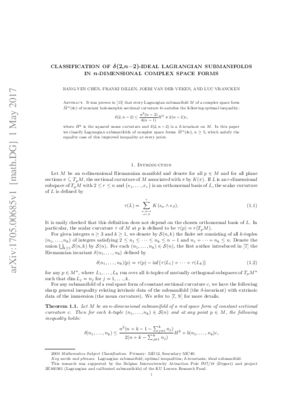 (PDF) Classification of $\delta(2,n-2)$-ideal Lagrangian submanifolds ...