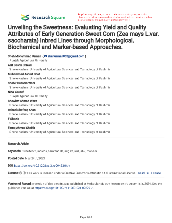 (PDF) Evaluating Yield and Quality in Sweet Corn Inbred Lines