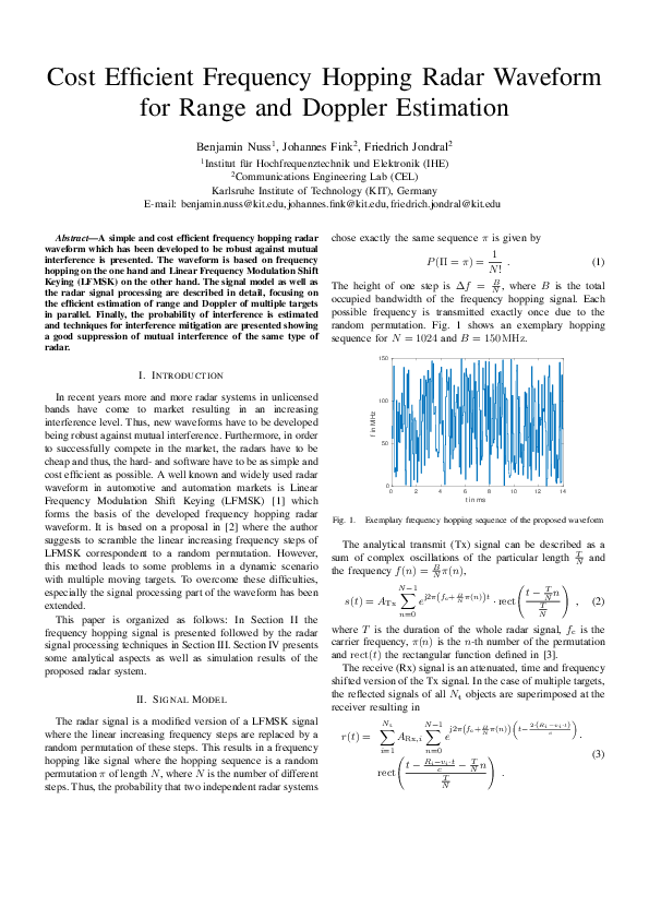 (PDF) Cost efficient frequency hopping radar waveform for range and Doppler estimation