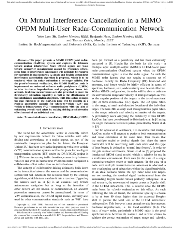 (PDF) On Mutual Interference Cancellation in a MIMO OFDM Multiuser Radar-Communication Network
